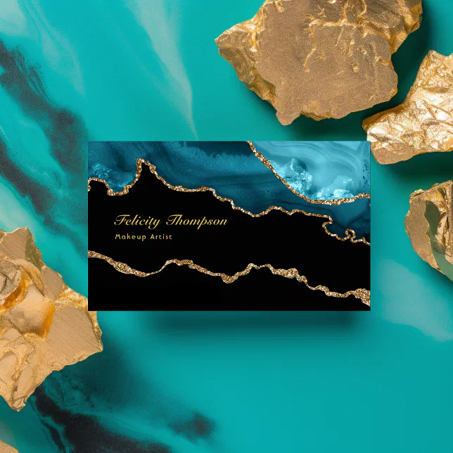 Teal - Turquoise and Gold Agate Stone QR Code Business Card | Zazzle