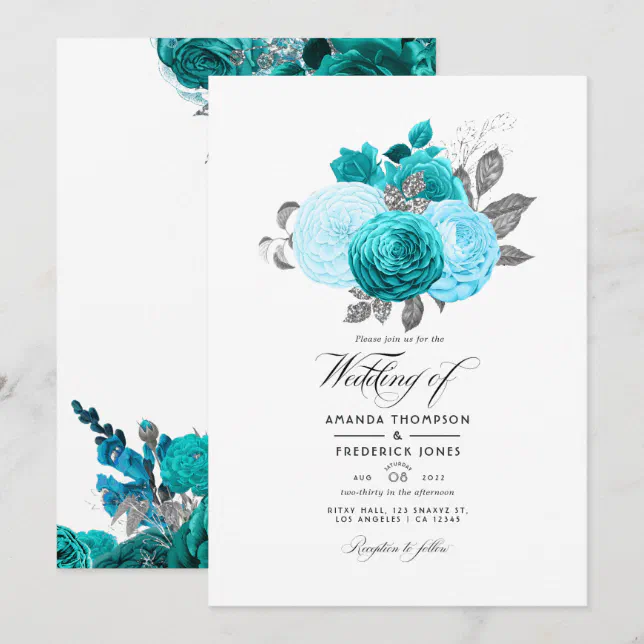 Teal - Turquoise and Silver Floral Wedding Invitation | Zazzle