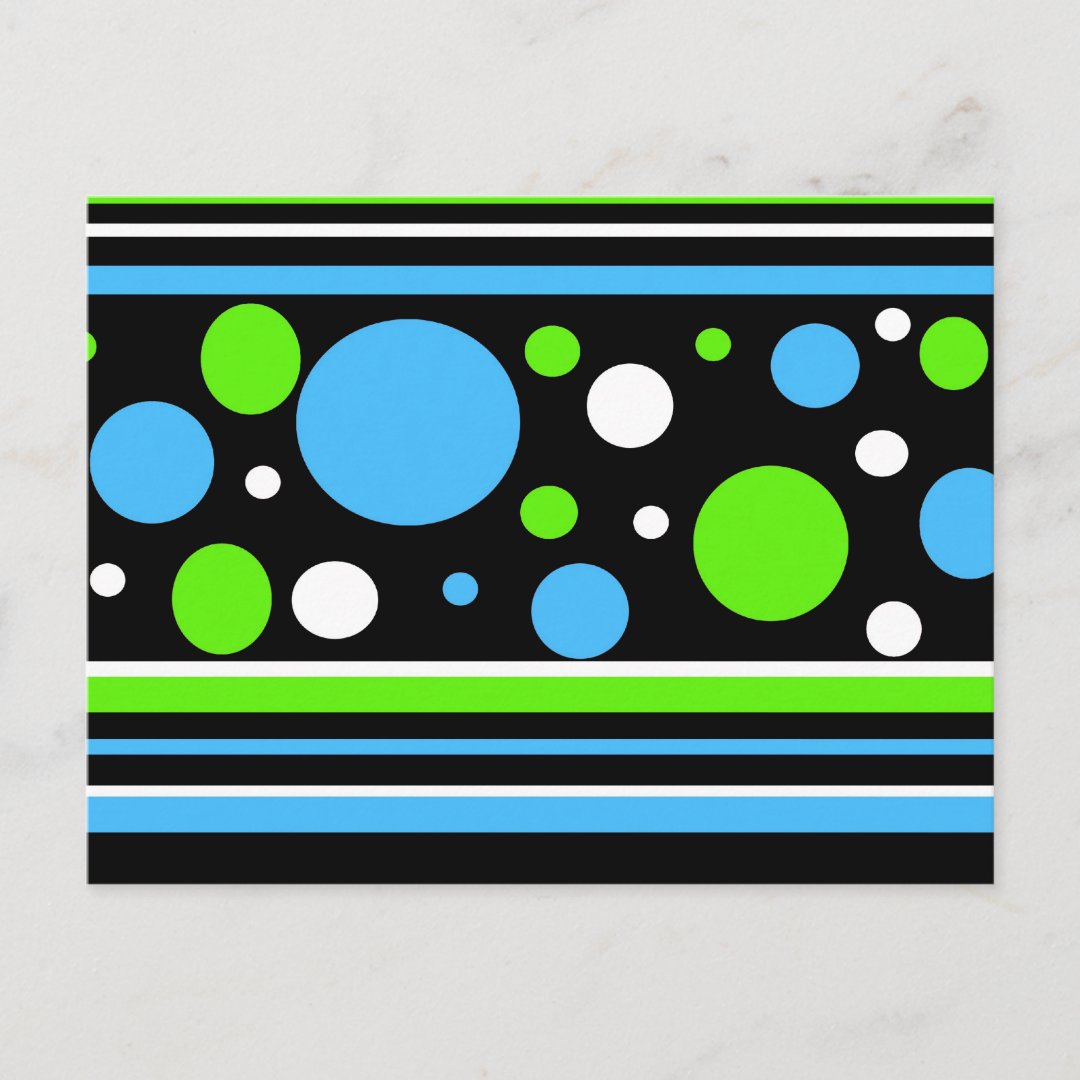 Teal Turquoise Blue Lime Green Stripes Polka Dots Postcard | Zazzle