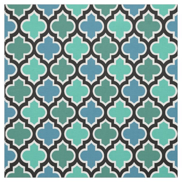 Teal Turquoise Blue Moroccan Quatrefoil Pattern Fabric | Zazzle