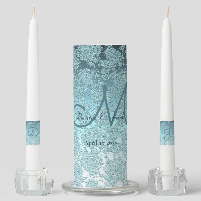 Teal Turquoise Elegant Wedding Ceremony Monogram Unity Candle Set | Zazzle