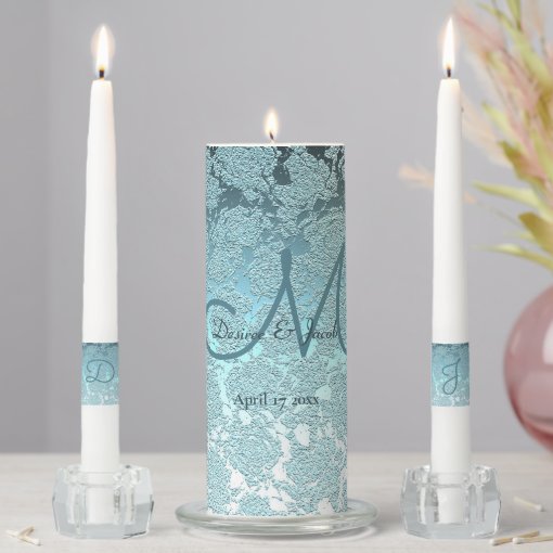 Teal Turquoise Elegant Wedding Ceremony Monogram Unity Candle Set | Zazzle
