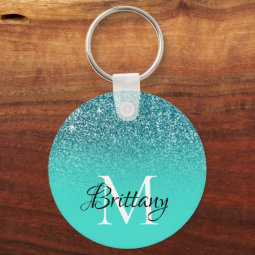 Teal Turquoise Glitter Ombre Monogram Keychain | Zazzle