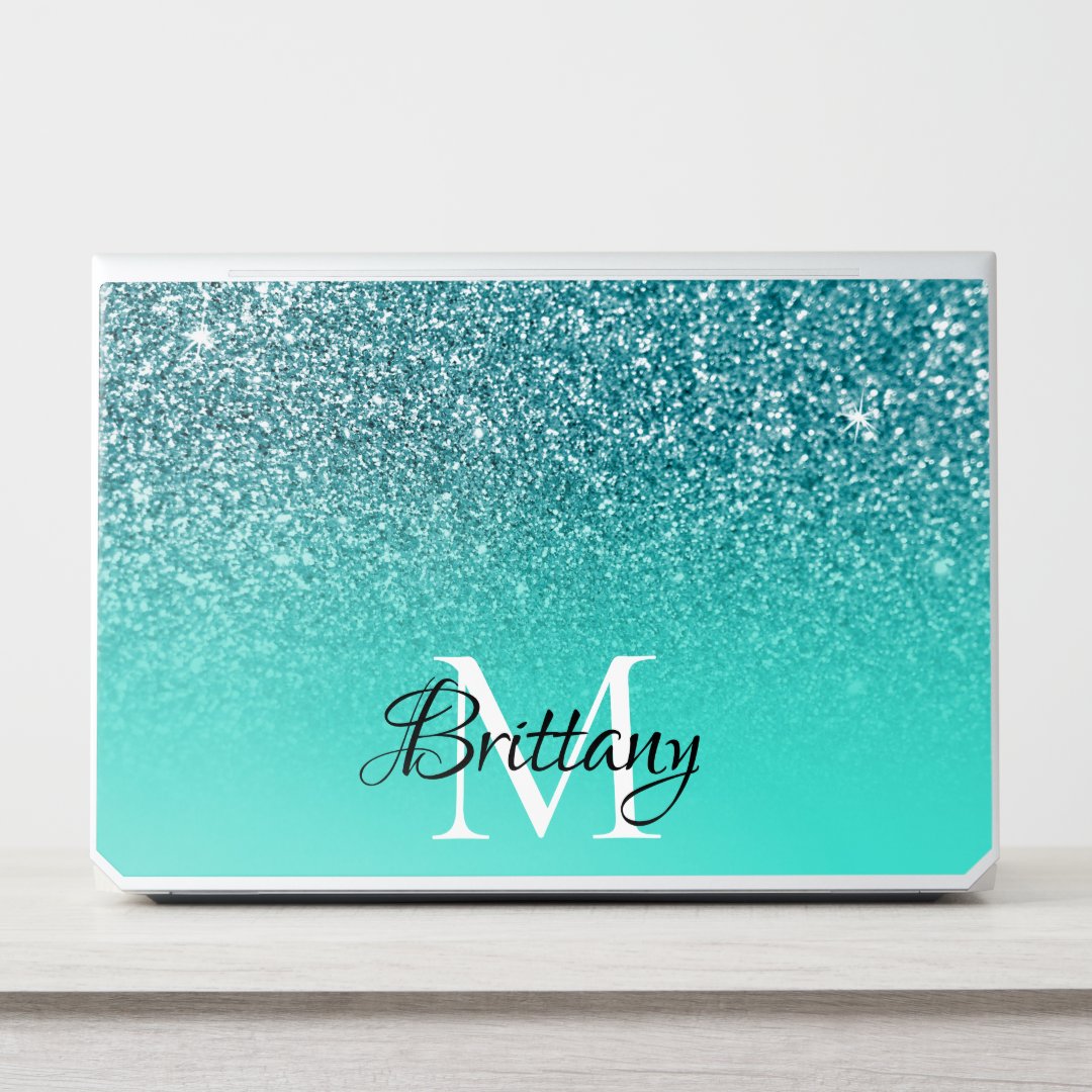 Teal Turquoise Glitter Ombre Monogrammed HP Laptop Skin | Zazzle
