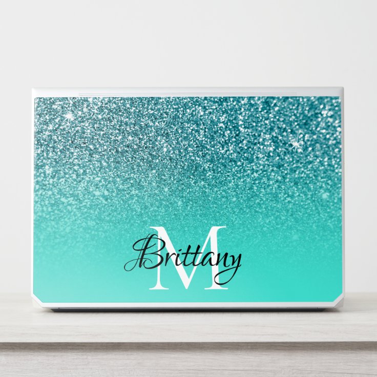 Teal Turquoise Glitter Ombre Monogrammed HP Laptop Skin | Zazzle