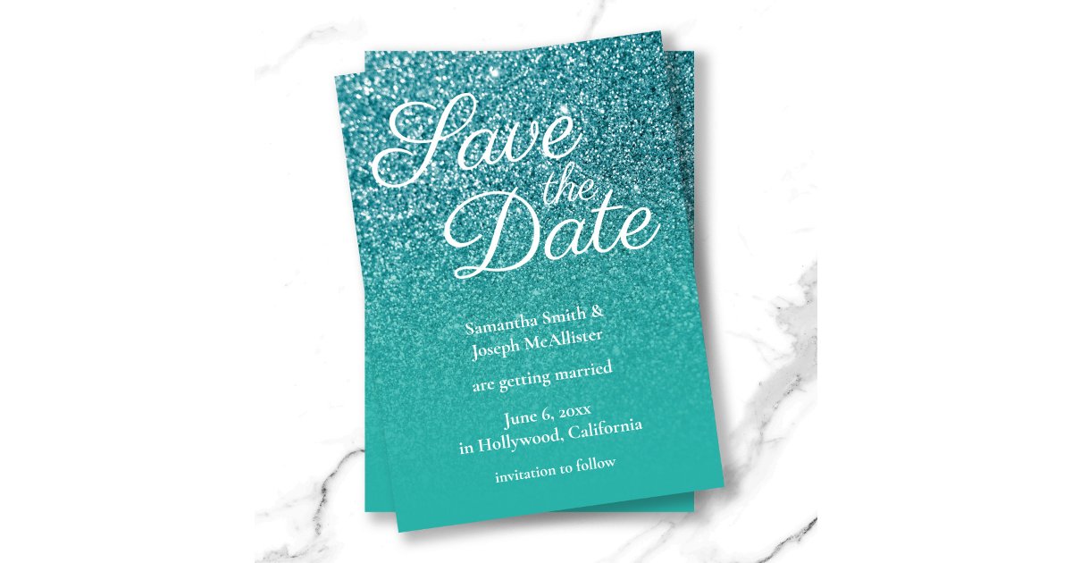 Teal Turquoise Ombre Glitter Save the Date Invitation | Zazzle