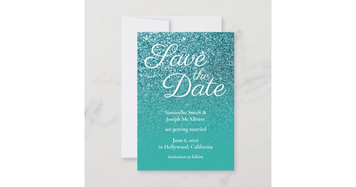 Teal Turquoise Ombre Glitter Save the Date Invitation | Zazzle
