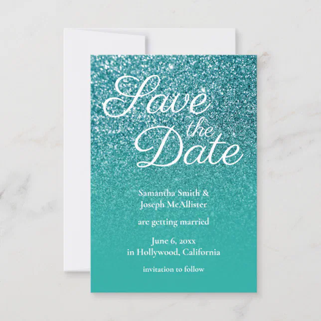 Teal Turquoise Ombre Glitter Save the Date Invitation | Zazzle