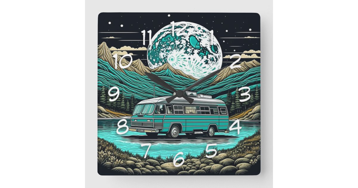 Teal Vintage RV Camper in the Mountains Retro Square Wall Clock | Zazzle