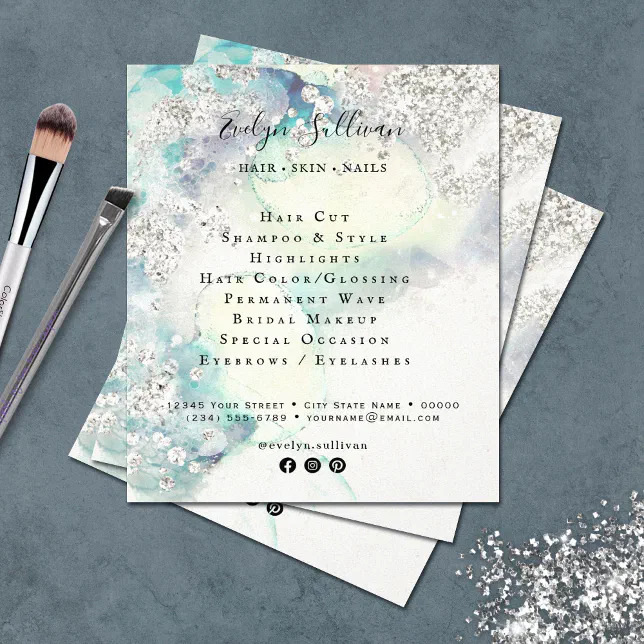 Teal watercolor silver glitter flyer | Zazzle