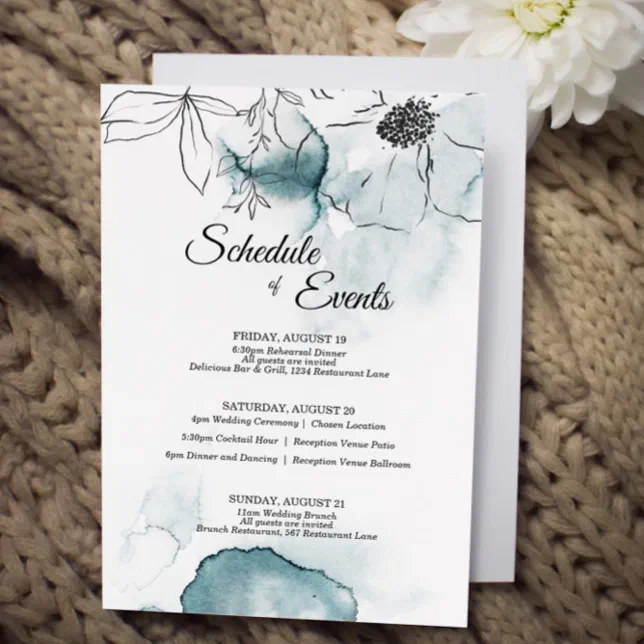 Teal Watercolor Sketch Wedding Schedule Enclosure Card | Zazzle