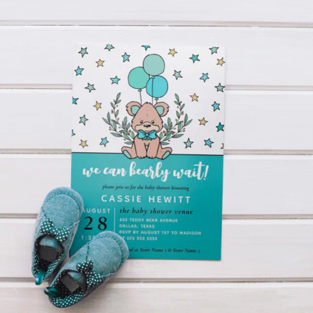 Teal We Can Bearly Wait Boy Baby Shower Invitation | Zazzle