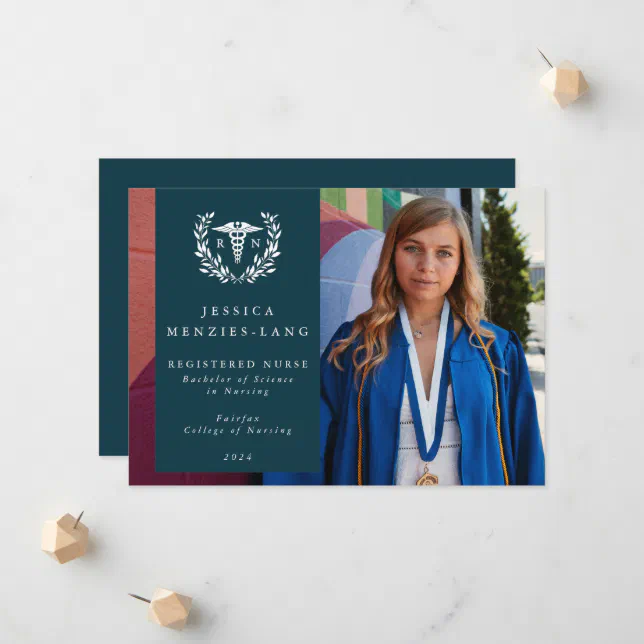 Teal + White Laurel Wreath Registered Nurse Photo Announcement | Zazzle