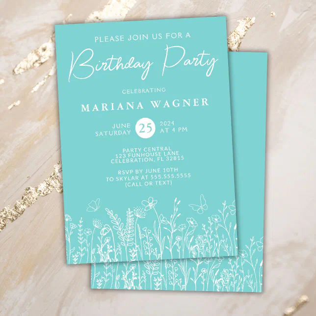 Teal Wildflowers Birthday Party Invitation | Zazzle