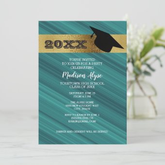 Teal with Gold and Graduation Cap Party Invitation | Zazzle