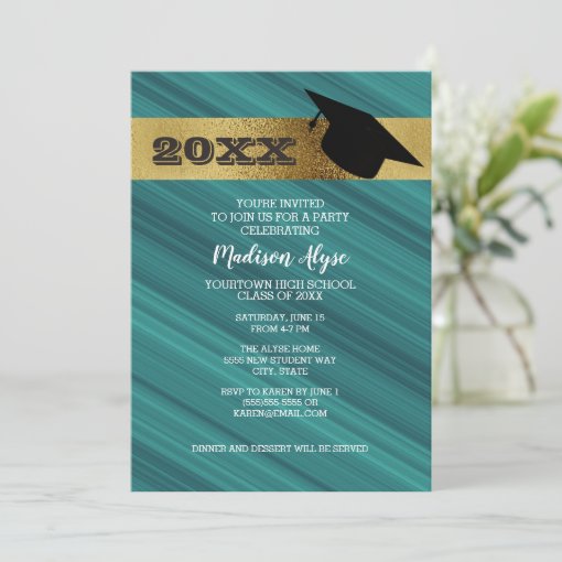 Teal with Gold and Graduation Cap Party Invitation | Zazzle