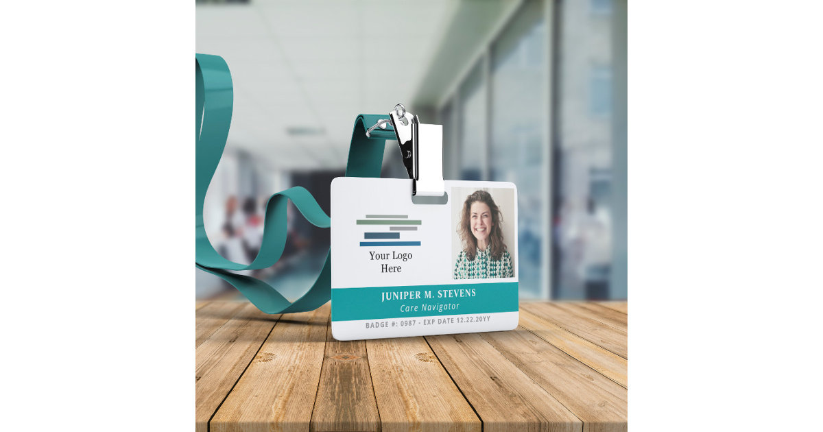 Teal with Logo & Photo Employee ID Badge | Zazzle