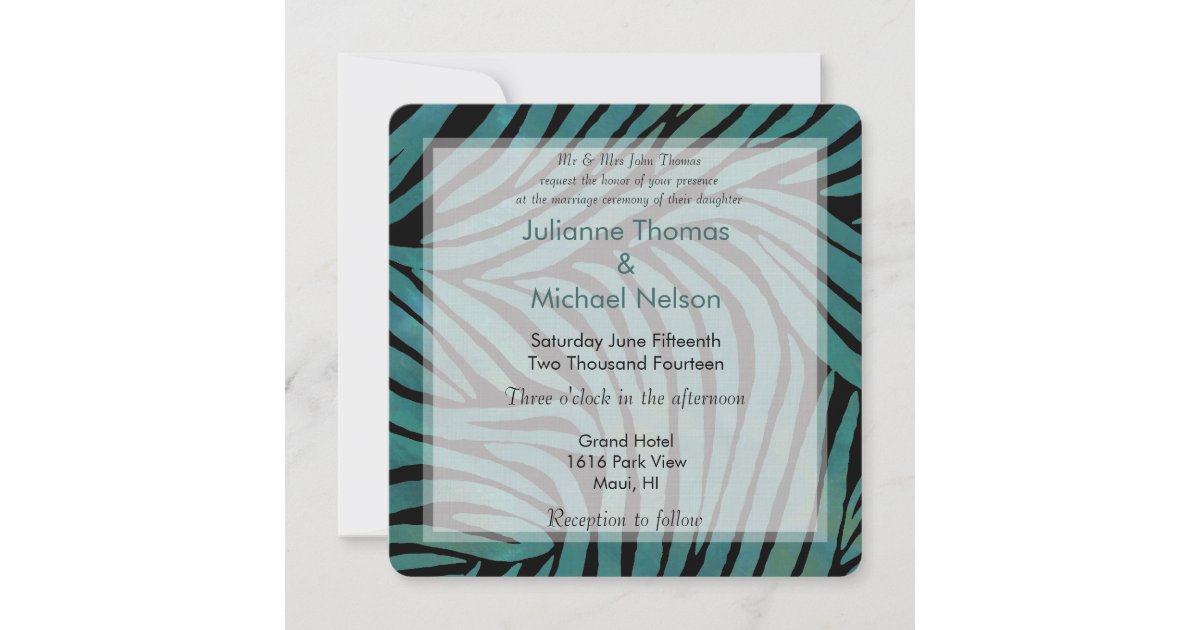 Teal Zebra Print Wedding Invitation | Zazzle
