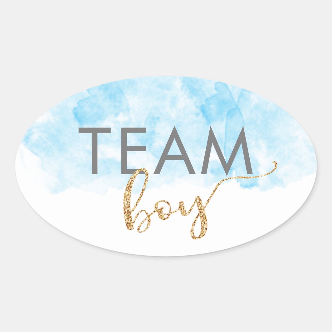 Team Boy Blue Gold Glitter Gender Reveal Oval Sticker | Zazzle