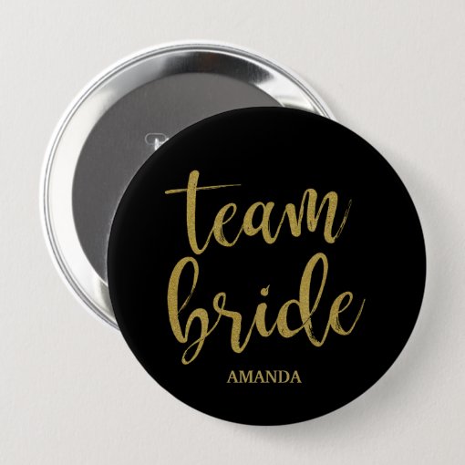 Team Bride Gold Glitter Bridesmaid Bachelorette Button | Zazzle