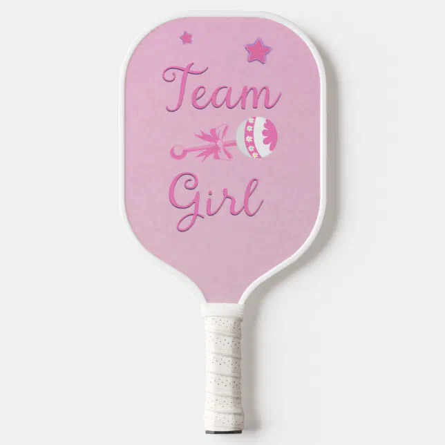 Team Girl with Baby Rattle Gender Reveal Pickleball Paddle | Zazzle