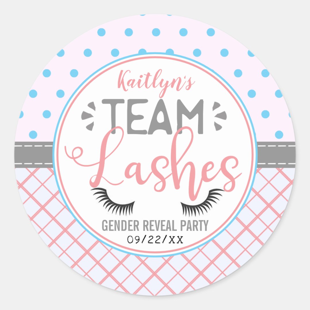 "Team Lashes" Modern Gender Reveal Party Classic Round Sticker | Zazzle