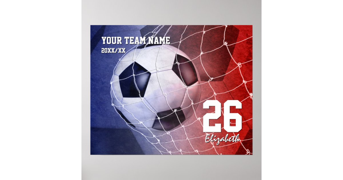 Team name red white blue girls' soccer ball goal poster | Zazzle