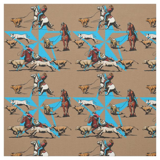 Western Rodeo Cowboy Calf Roping Print Fabric | Zazzle.com