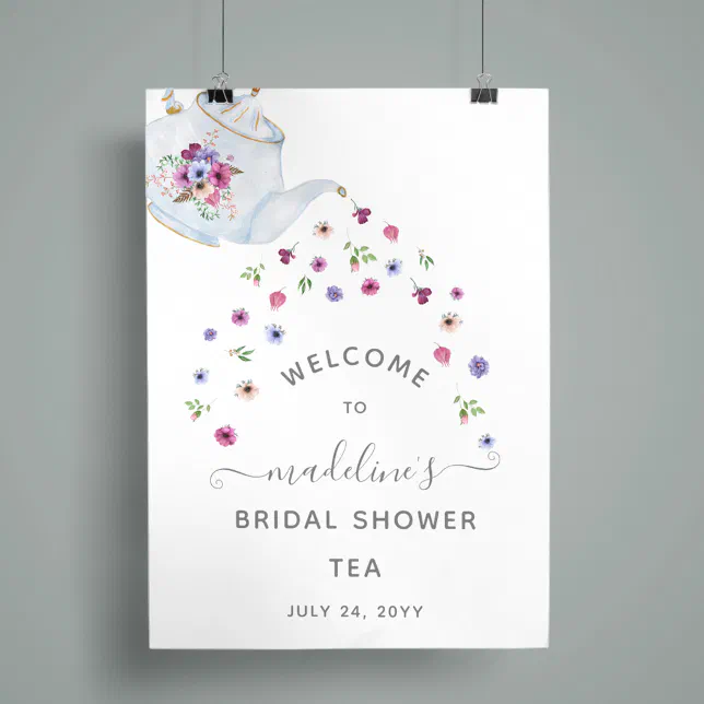 Teapot Floral Bridal Shower Tea Party Welcome Poster | Zazzle