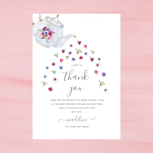 Teapot Floral Bridal Tea Party Thank You Card | Zazzle