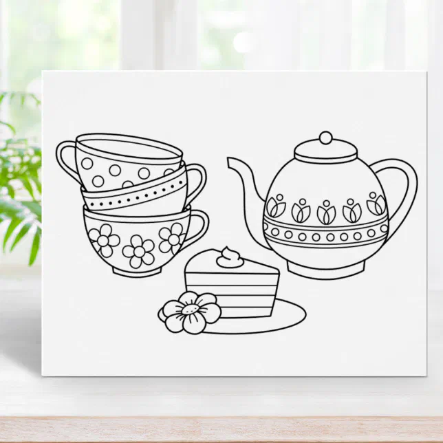 Teapot, Teacups, and Cake Coloring Page Poster | Zazzle