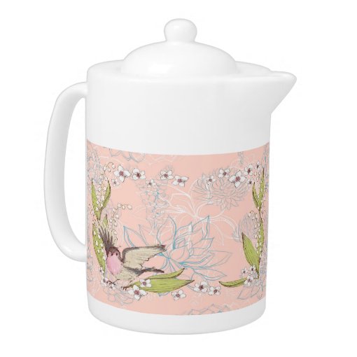 Teapot with Pink Floral & Bird Design | Zazzle