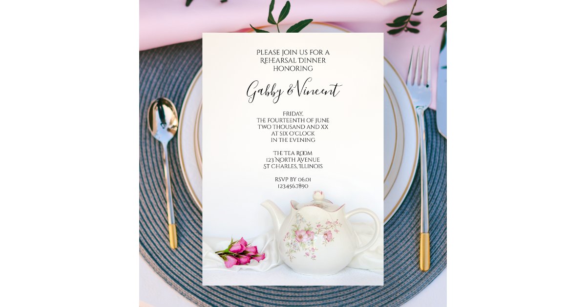 Teapot with Pink Roses Tea Party Rehearsal Dinner Invitation | Zazzle