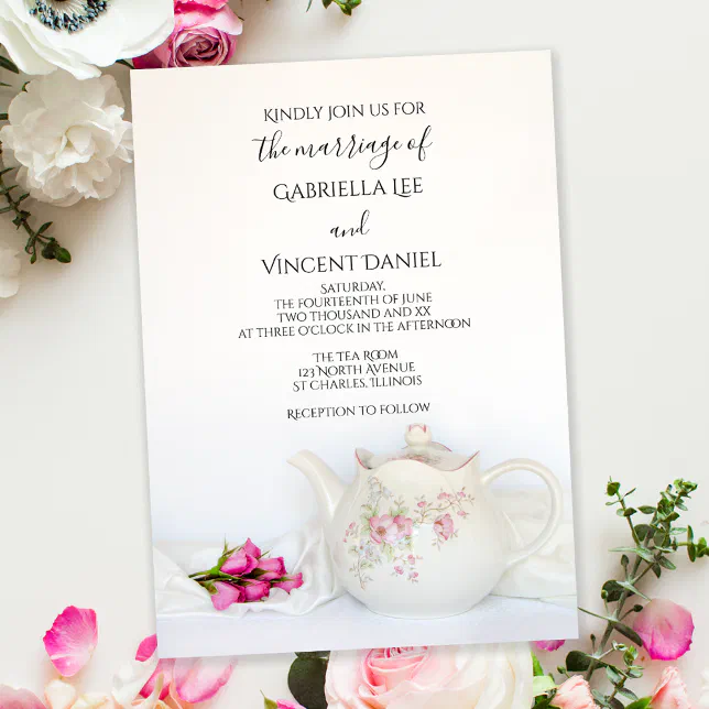 Teapot with Pink Roses Tea Party Wedding Invitation | Zazzle