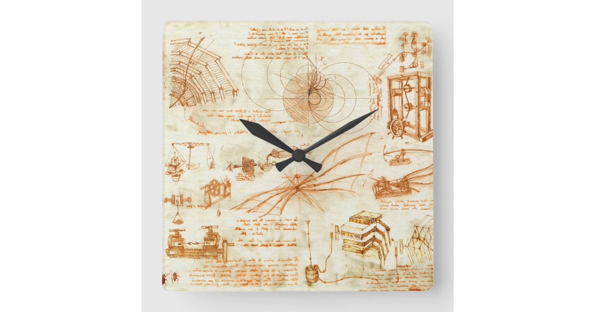 Technical drawing & sketches by Leonardo Da Vinci Square Wall Clock ...