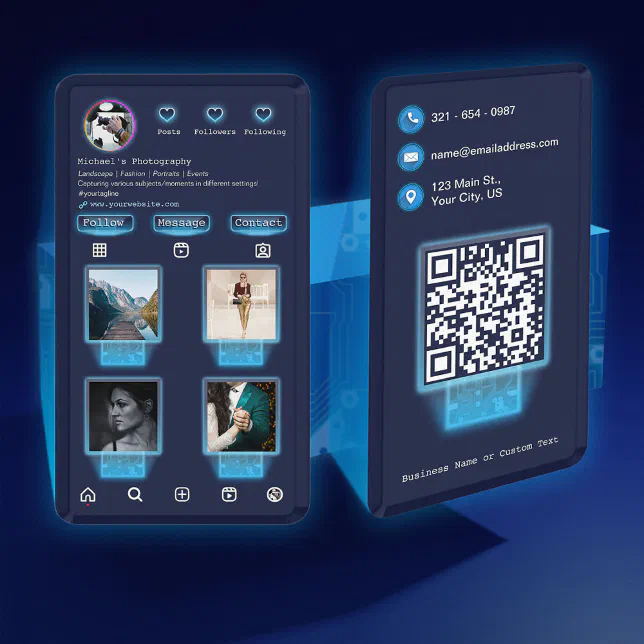 Techy IG Add Photos Photography Navy Blue QR Code Business Card | Zazzle