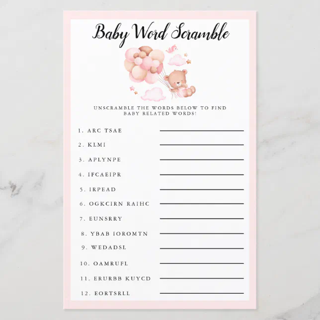 Teddy Baby Shower Pink Baby Word Scramble Game | Zazzle