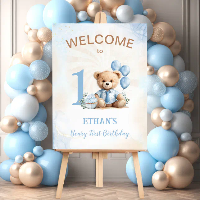 Teddy Bear 1st Birthday Blue Balloons Welcome Foam Board | Zazzle