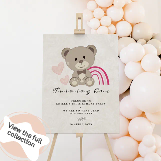 Teddy Bear 1st Birthday Welcome Sign Pink | Zazzle