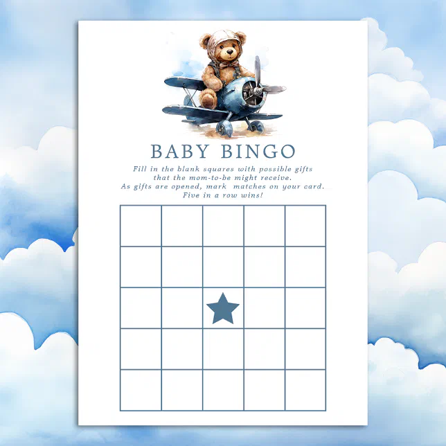 Teddy Bear Airplane Baby Shower Bingo Game Invitation | Zazzle