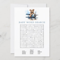 Teddy Bear Airplane Baby Shower Word Search Game Invitation | Zazzle
