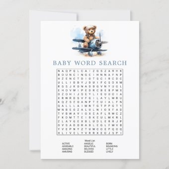 Teddy Bear Airplane Baby Shower Word Search Game Invitation | Zazzle