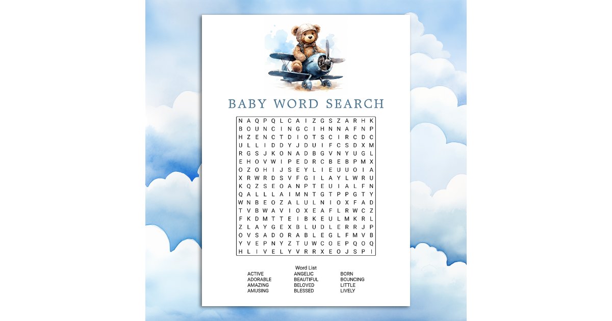 Teddy Bear Airplane Baby Shower Word Search Game Invitation | Zazzle