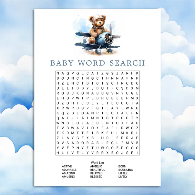 Teddy Bear Airplane Baby Shower Word Search Game Invitation | Zazzle