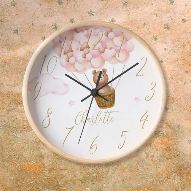 Teddy Bear And Pink Balloons Personalized Clock | Zazzle