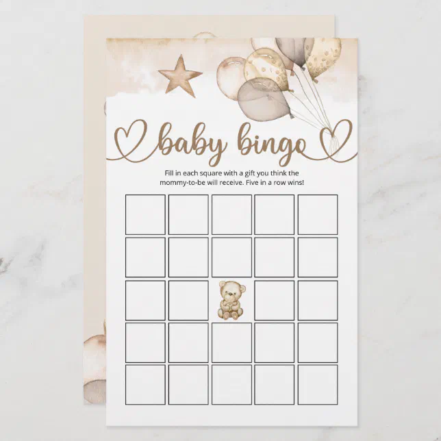 Teddy Bear Baby Bear Baby Shower Bingo Game | Zazzle