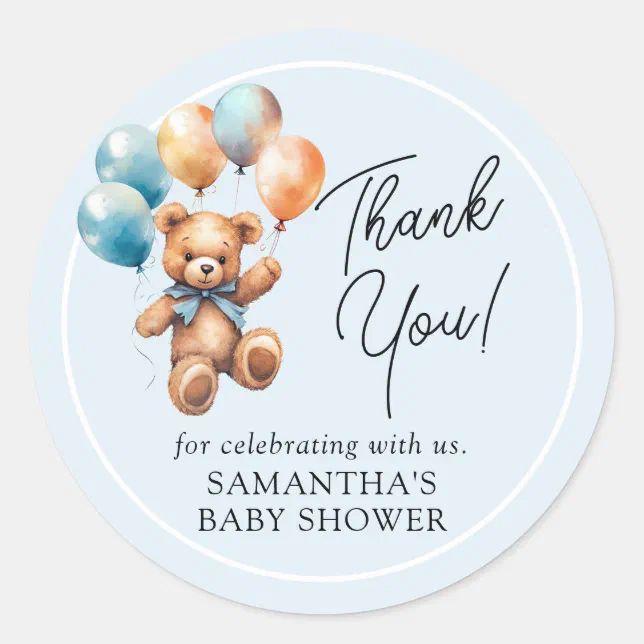 Teddy Bear Baby Boy Thank You Baby Shower Classic Round Sticker | Zazzle