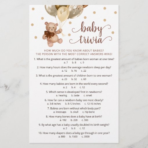 Teddy Bear Baby Facts Trivia Game Baby Shower | Zazzle