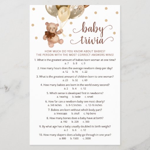 Teddy Bear Baby Facts Trivia Game Baby Shower | Zazzle
