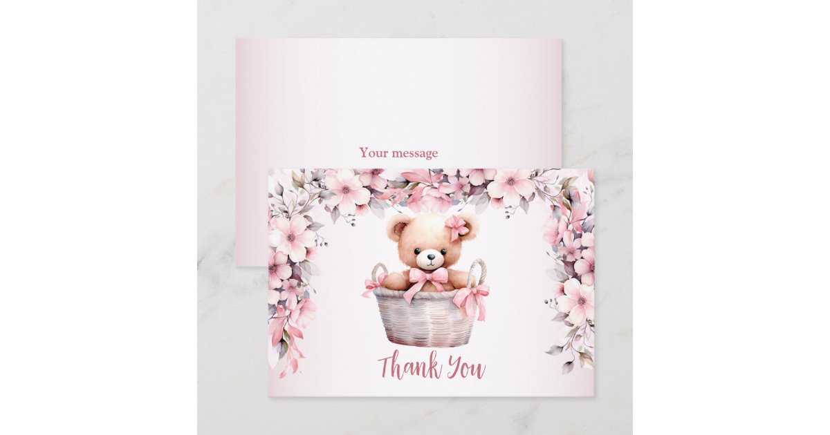 Teddy Bear Baby Girl Pink Flowers Party Elegant Thank You Card | Zazzle